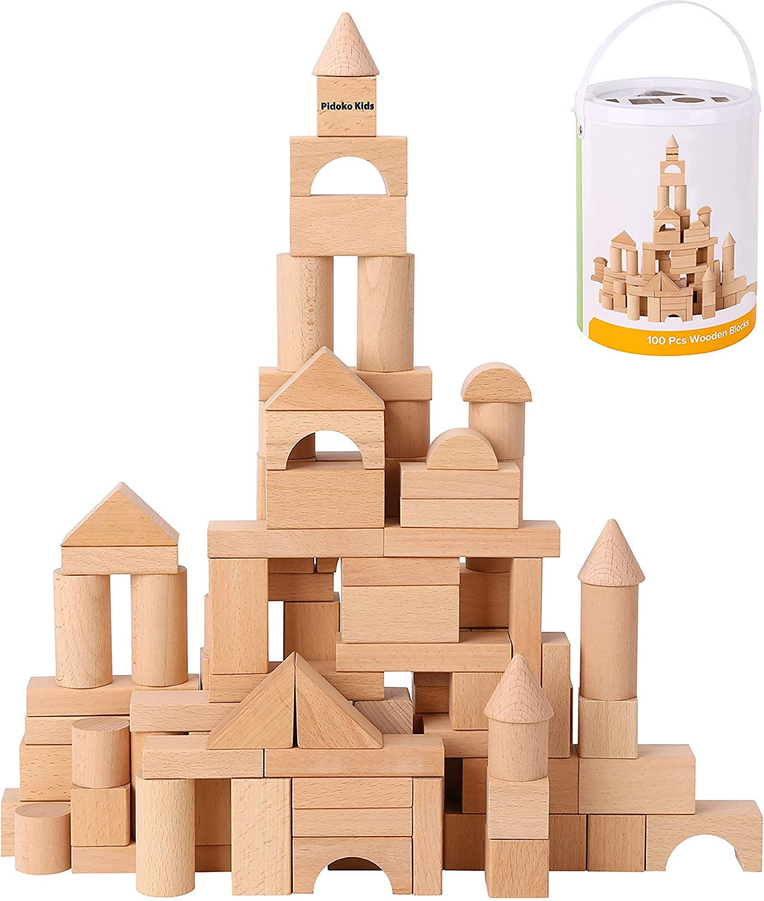Wooden Building Blocks Set - 100 Pcs - Natural Beech Wood - Stacking B ...