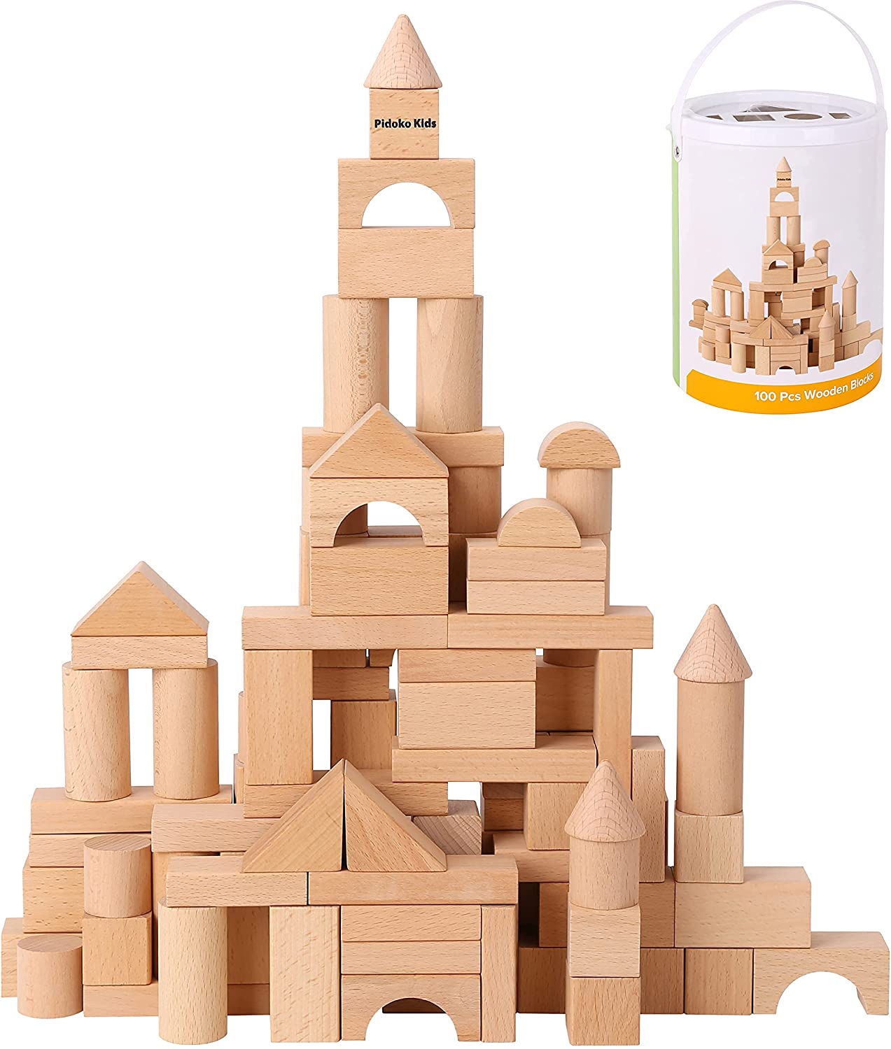 Wooden Building Blocks Set - 100 Pcs - Natural Beech Wood - Stacking B ...